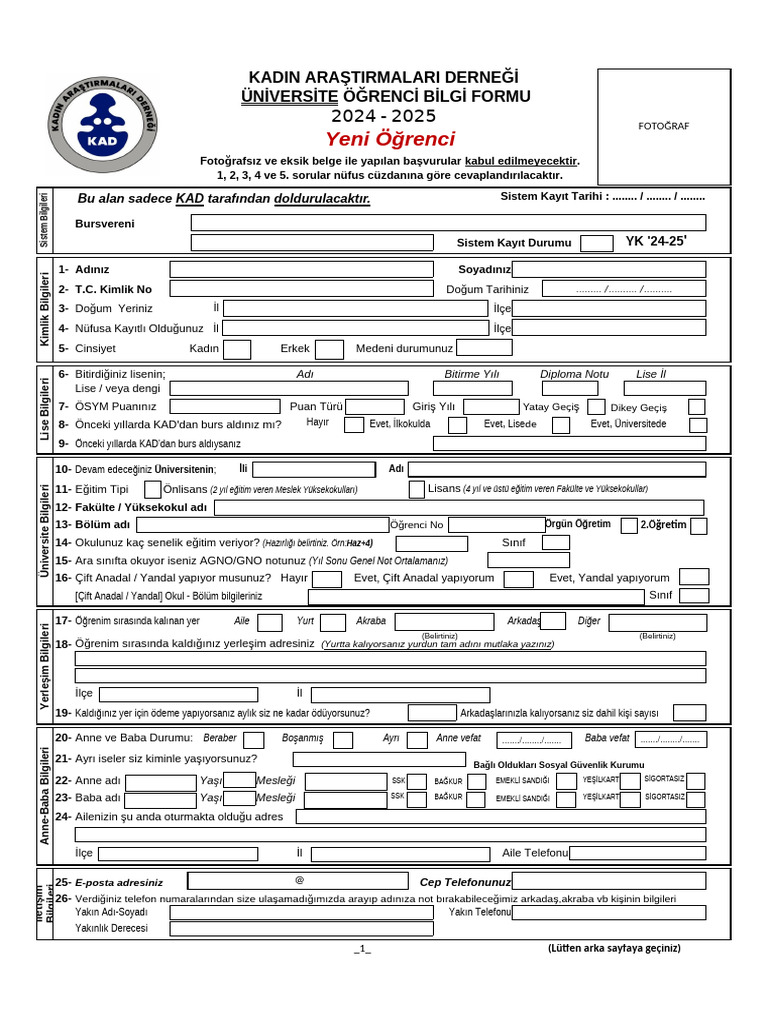 Üni̇versi̇te Öğrenci̇ Bi̇lgi̇ Formu (Yeni̇ Kayit) | PDF