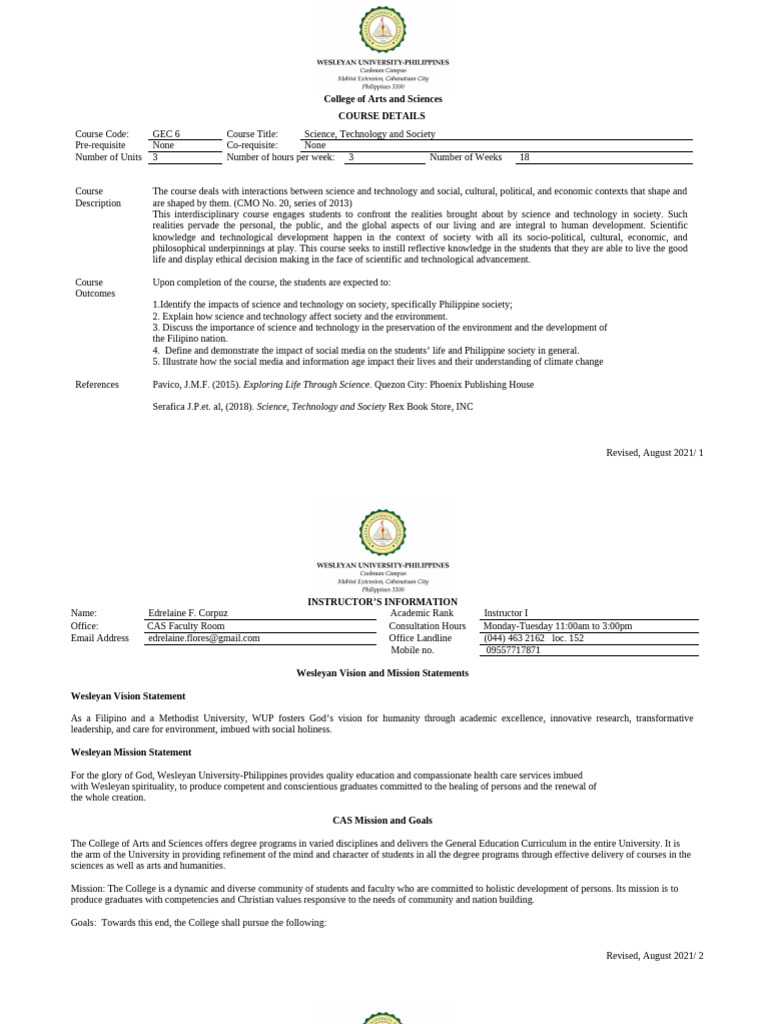Gec 6 STS Syllabus 2022 2023 | PDF | Science | Genetically Modified Organism