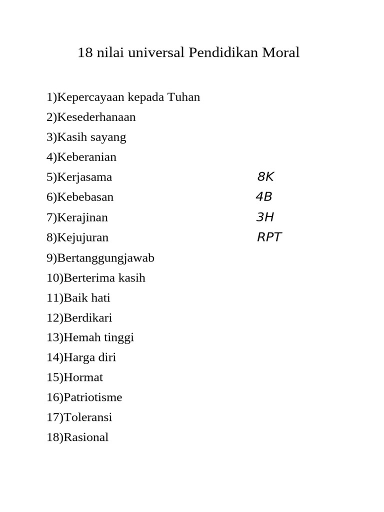 18 Nilai Universal dalam Pendidikan Moral | PDF