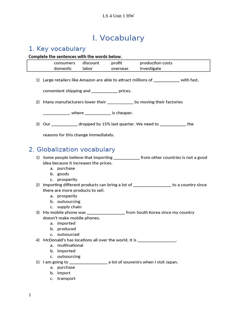 LS 4 Unit 1 Homework: Vocabulary & Grammar | PDF | Vegetables | Sushi