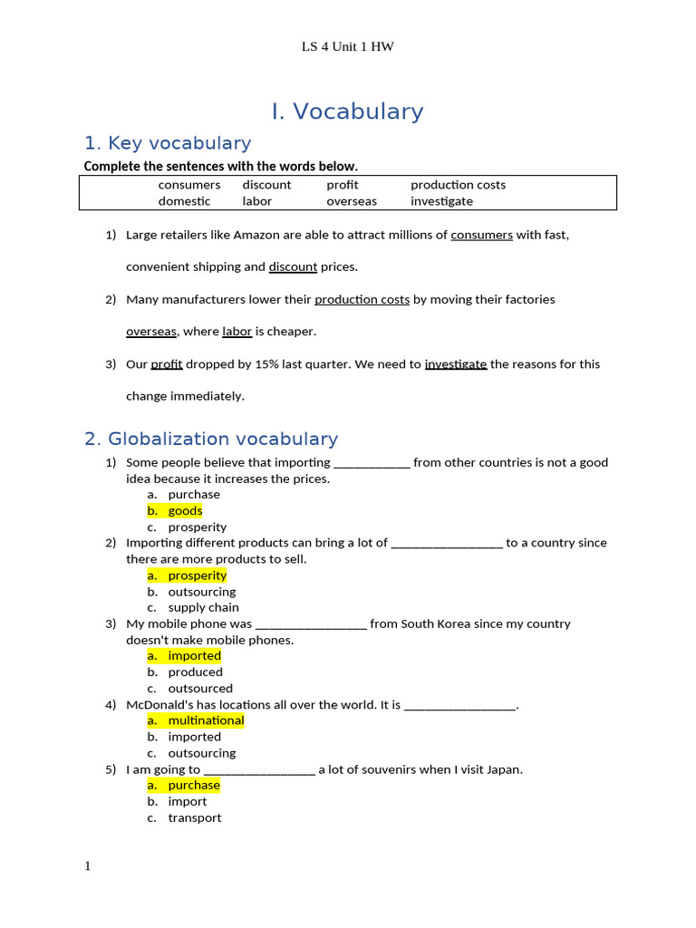 Unlock LS 4 Unit 1 Homework (Keys) | PDF | Vegetables | Sushi