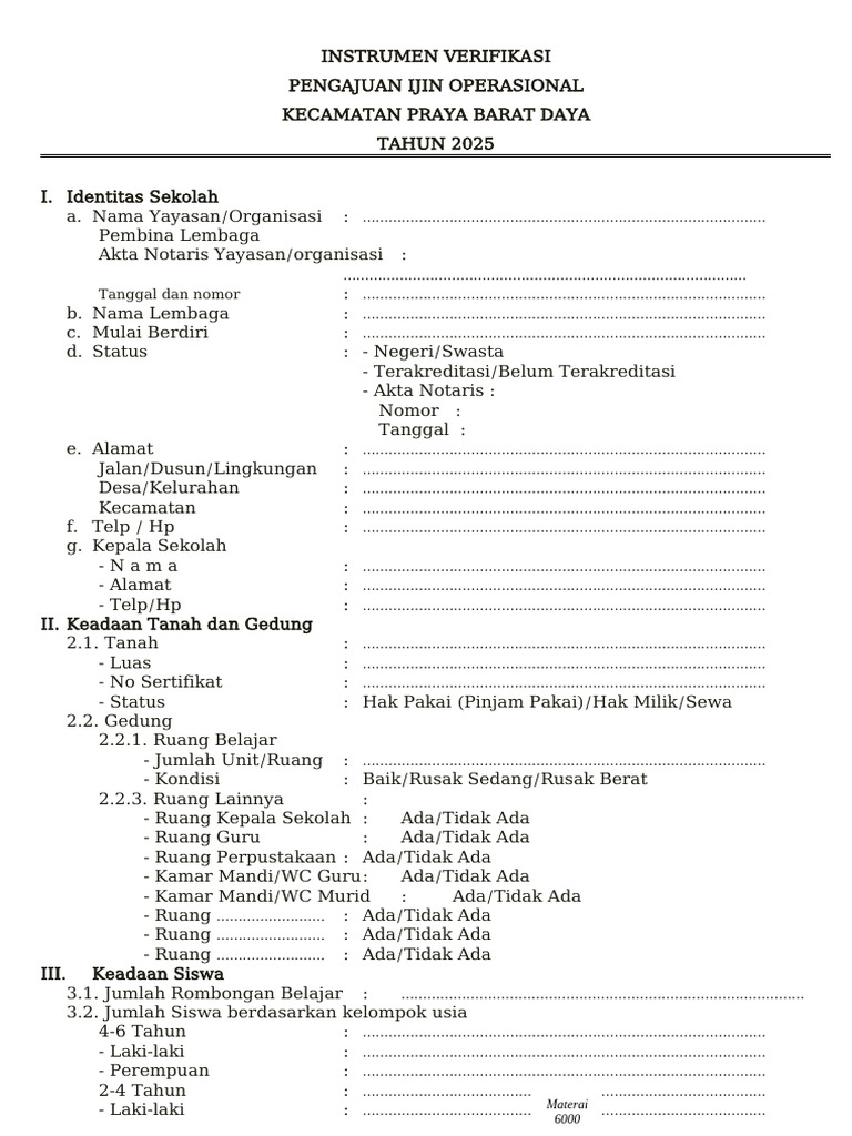 Lembar Instrumen Verifikasi Permohonan Ijin Operasional Blangko | PDF