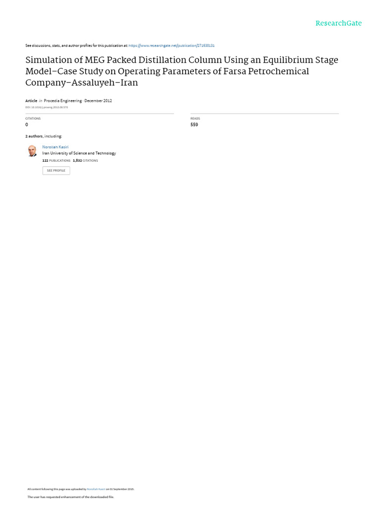 MEG Distillation Column Simulation Study | PDF | Distillation ...