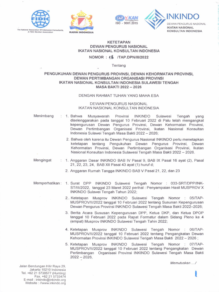 12 No. 18 - TAP - DPN.III-2022 - Pengukuhan DPP, DKP - DPOP. INKINDO Sulawesi Tengah | PDF