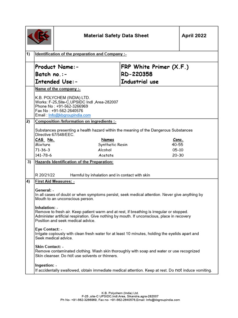 Chml-00306 - Msds - FRP White Primer (X.F.) Apr 2022 | PDF ...