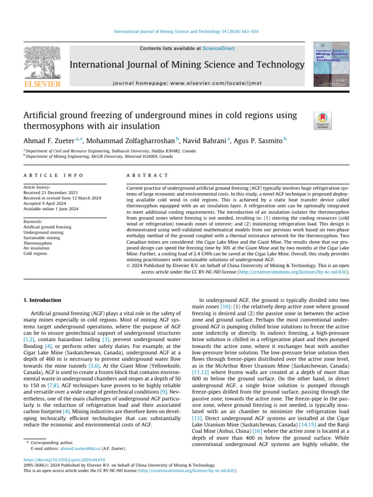 Artificial Ground Freezing of Underground Mines in Cold Regions Using 1 ...