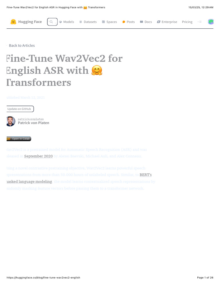 Fine-Tune Wav2Vec2 For English ASR in Hugging Face With ? Transformers | PDF | Speech ...