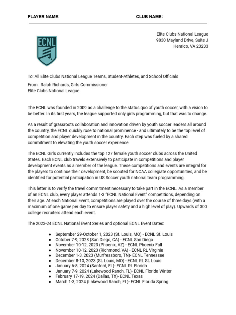 ECNL National Event Travel Commitment | PDF | Culture Of The United ...