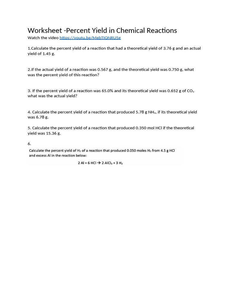 Percent Yield Calculation Worksheet | PDF