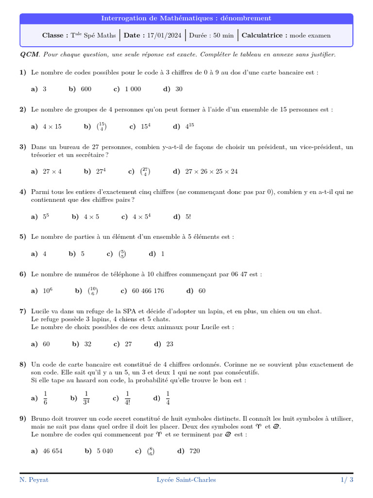 QCM de Dénombrement en Maths | PDF | Cartes à jouer | Jeux de cartes