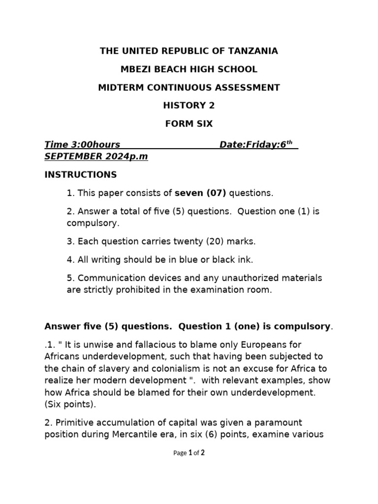 Tanzania History Midterm Assessment Guide | PDF