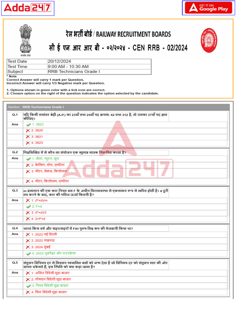 RRB - Tech Grade 01 - Answer Key Hindi - 20.12.2024 - 9.00 AM 10.30 AM | PDF