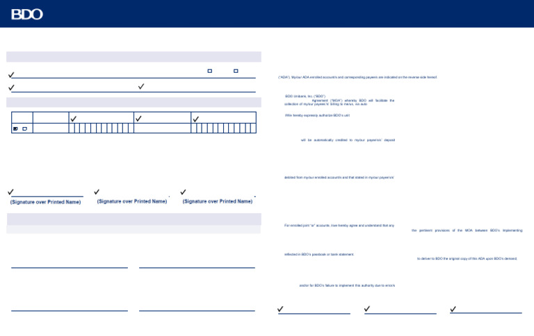 BDO Auto-Debit Arrangement Enrollment | PDF | Payments | Signature