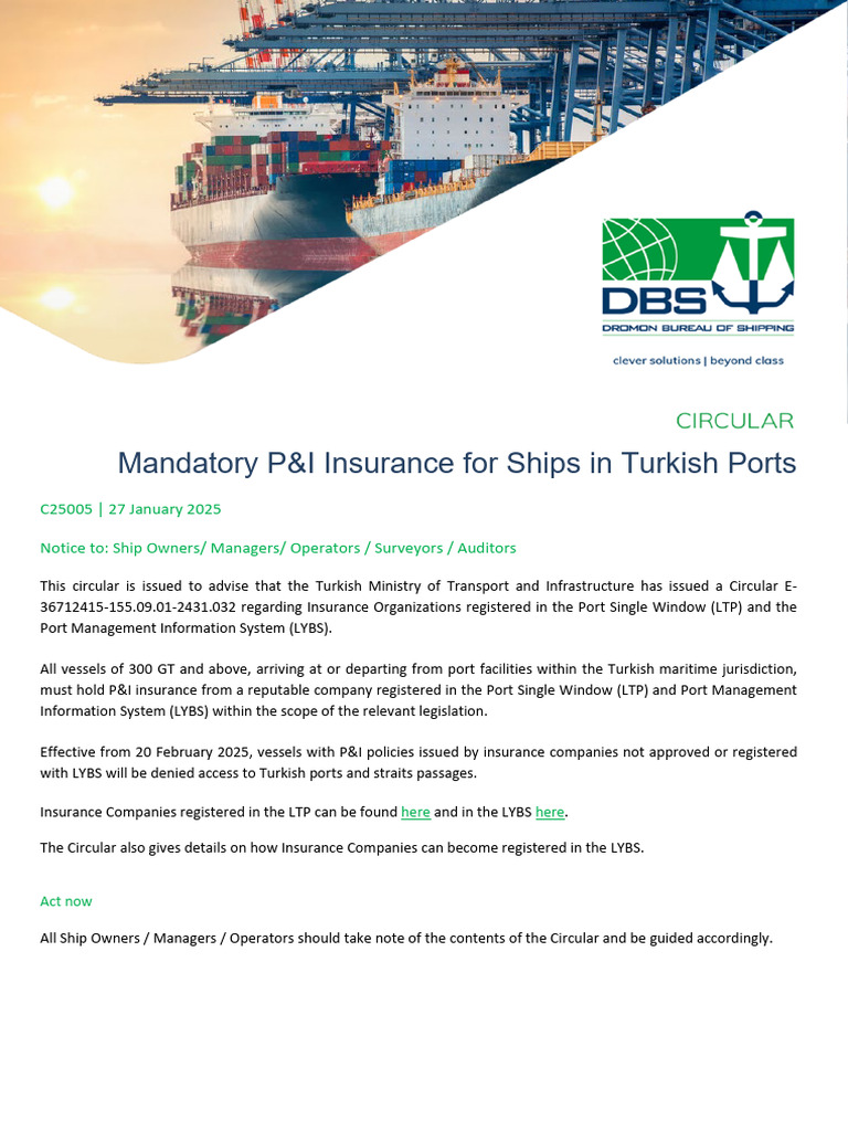 Mandatory P&I Insurance for Turkish Ports | PDF