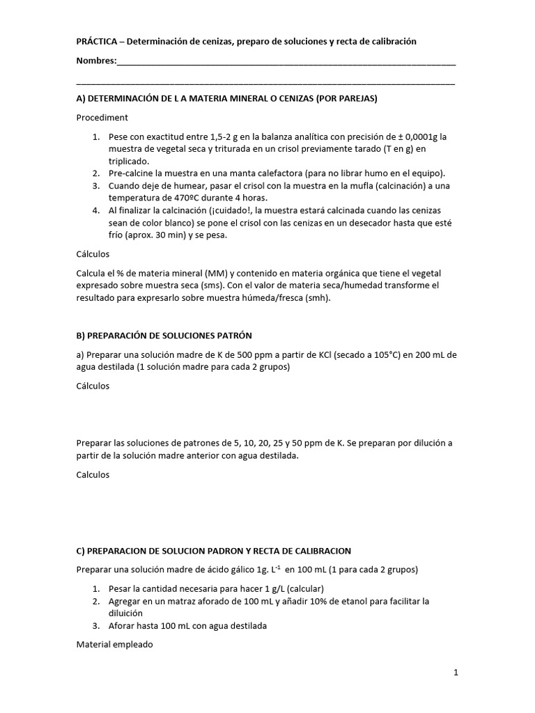 Protocolo Soluciones, recta de calibrado y cenizas | PDF | Química