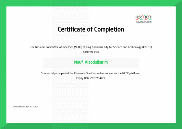 Bioethics Course Completion Certificate | PDF