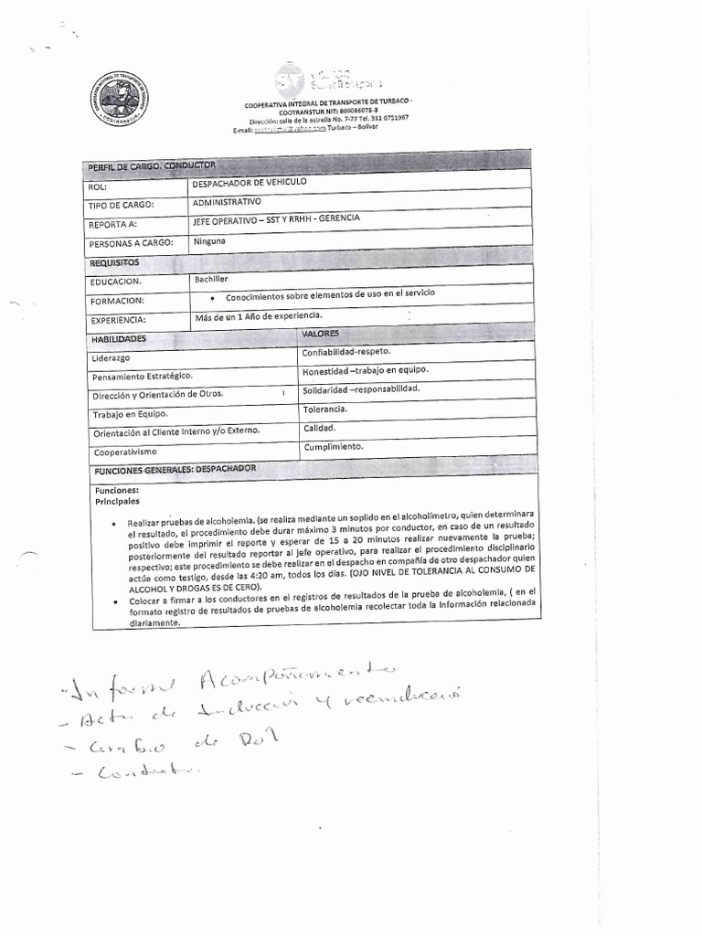 Perfil Cargo Conductor Roll Despachador Alberto Puello Moreno | PDF