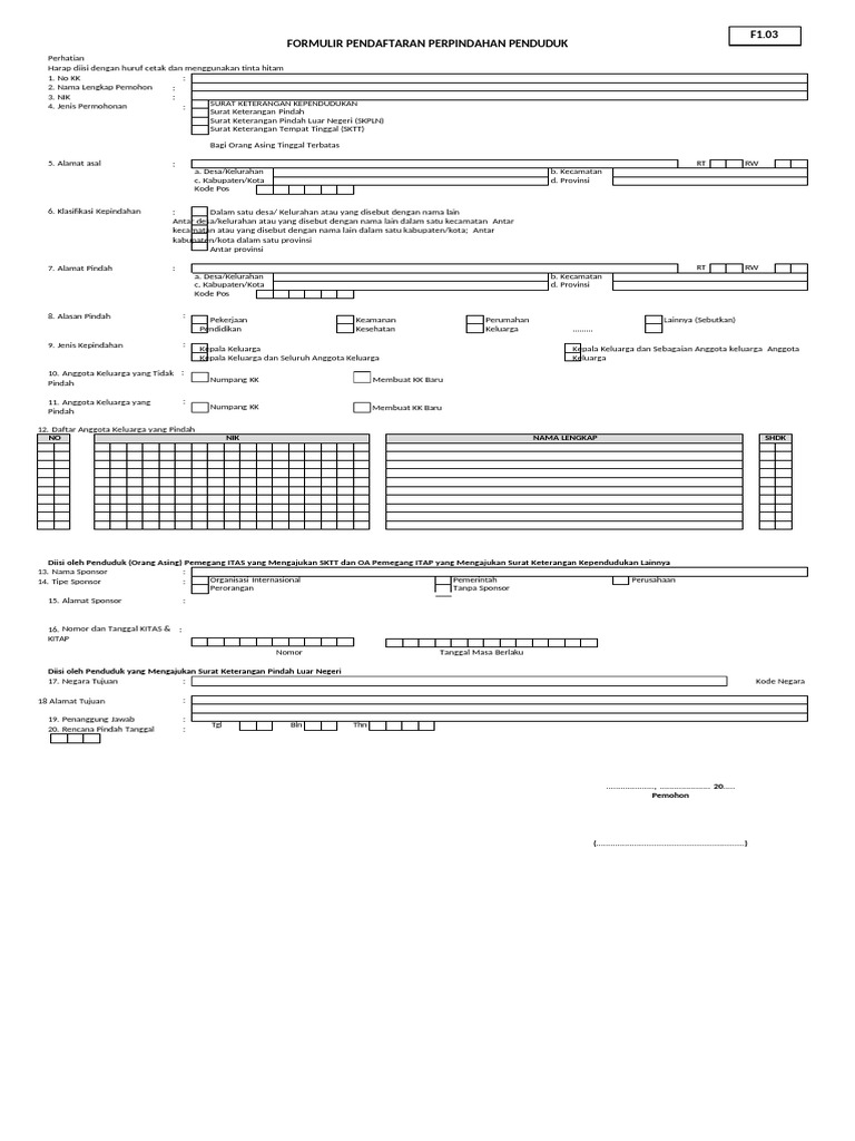 Formulir Pendaftaran Perpindahan Penduduk F1 03 (1) | PDF