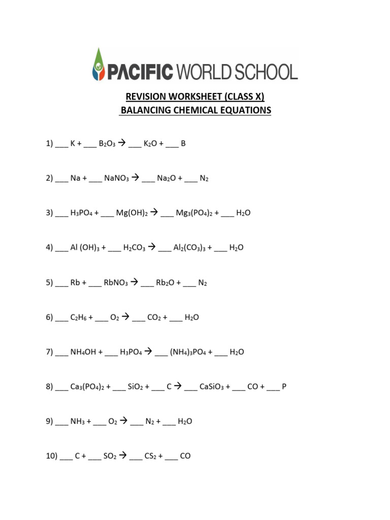 Balancing Chemical Equations Worksheet | PDF