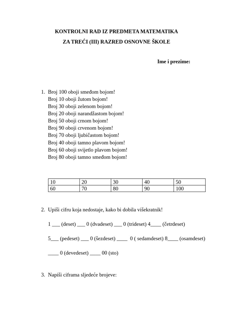 KONTROLNI RAD IZ PREDMETA MATEMATIKA | PDF