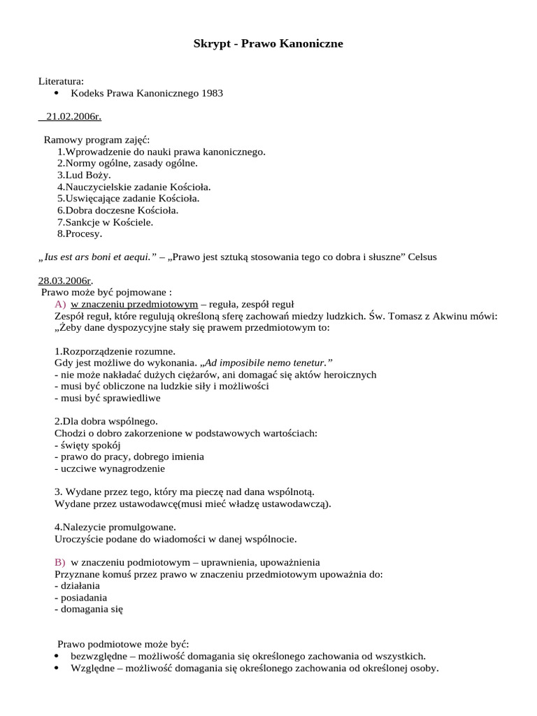 Prawo Kanoniczne (Skrypt) | PDF