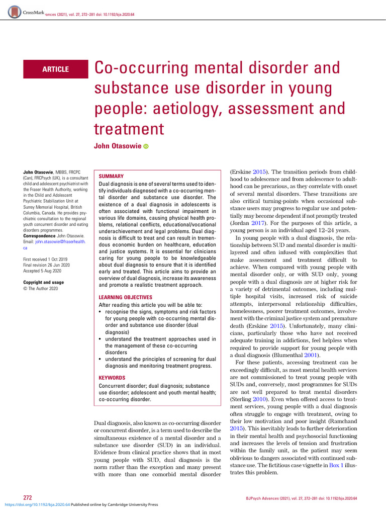 Co Occurring Mental Disorder and Substance Use Disorder in Young People ...
