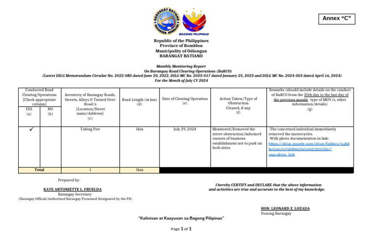 Annex C - Barangay Batiano July 2024 BaRCO | PDF