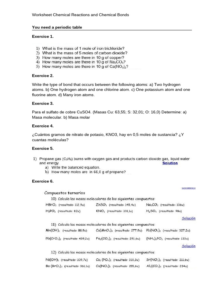 Worksheet Chemical Reactions | PDF