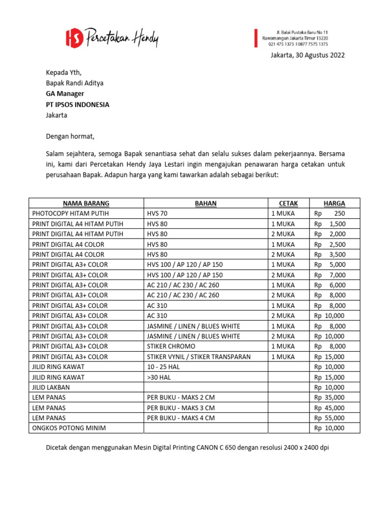 Quotation - FFI - Percetakan Hendy | PDF