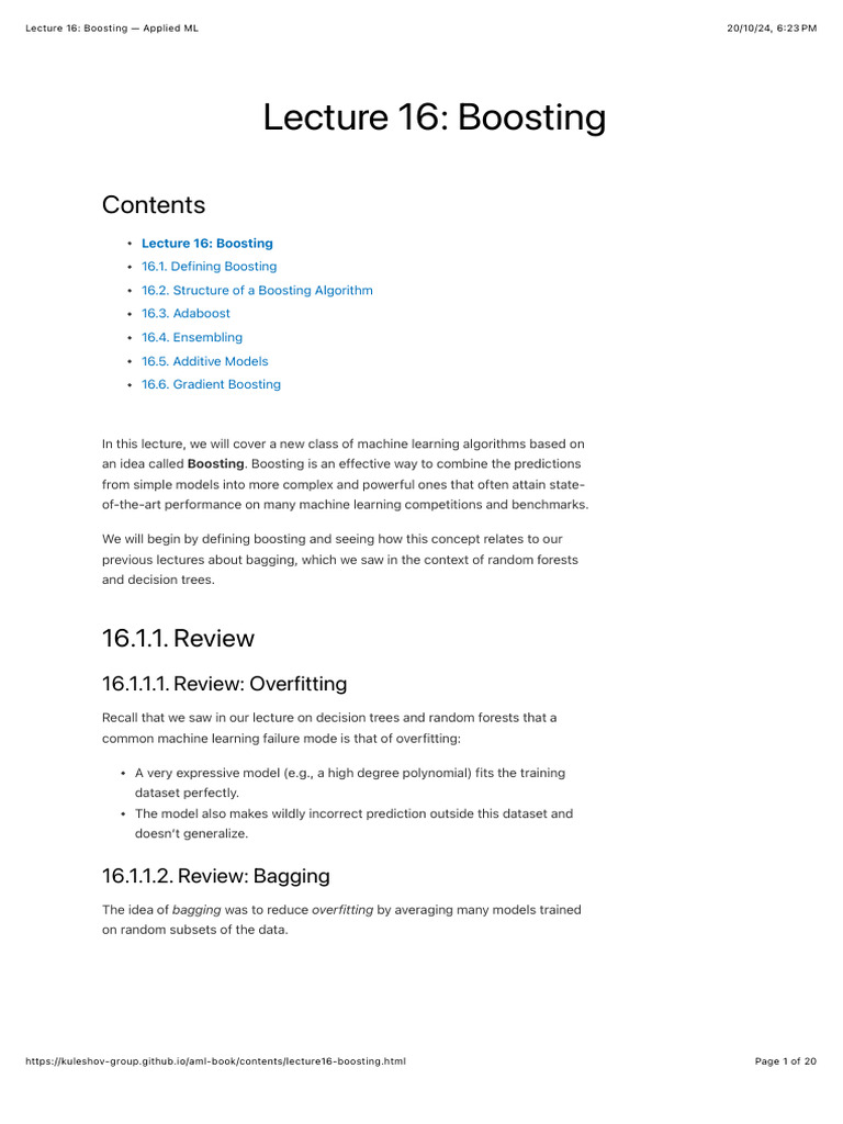 Lecture 16: Boosting - Applied ML | PDF | Machine Learning | Learning