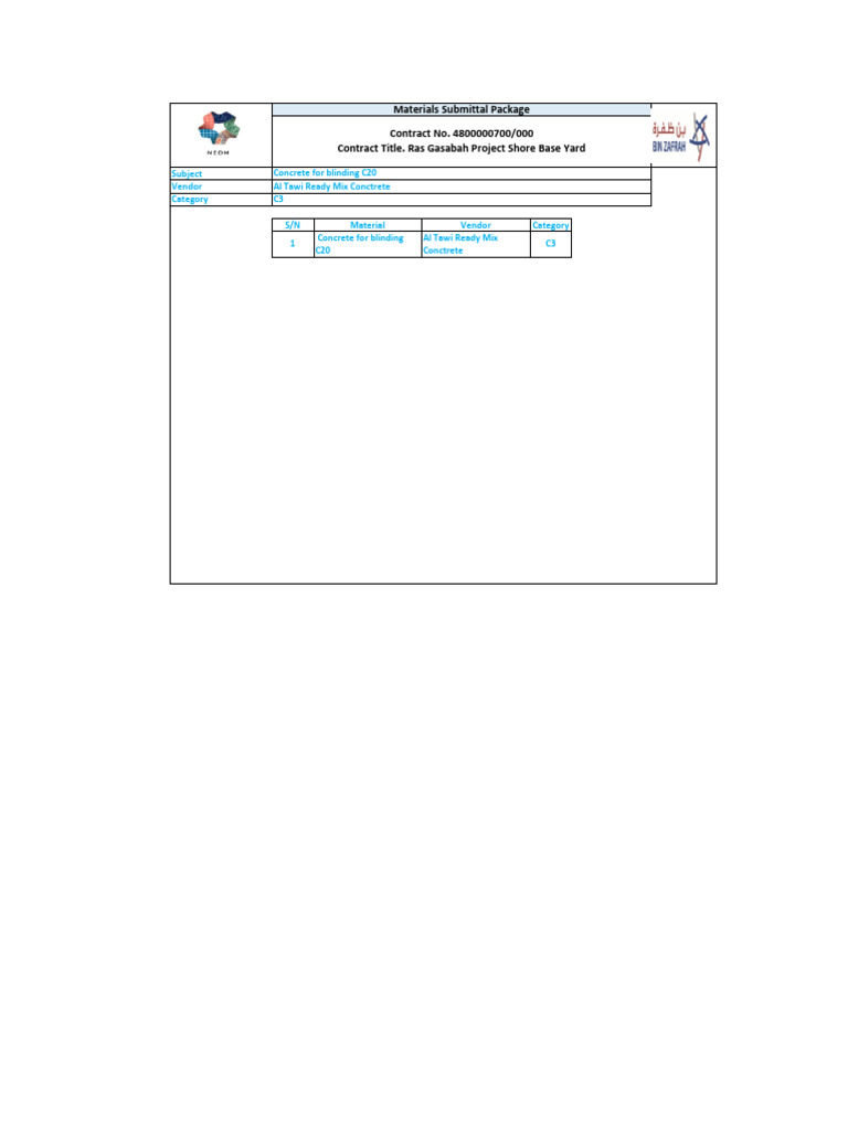 Concrete Blinding C20 Material Submittal | PDF | Concrete | Specification (Technical Standard)