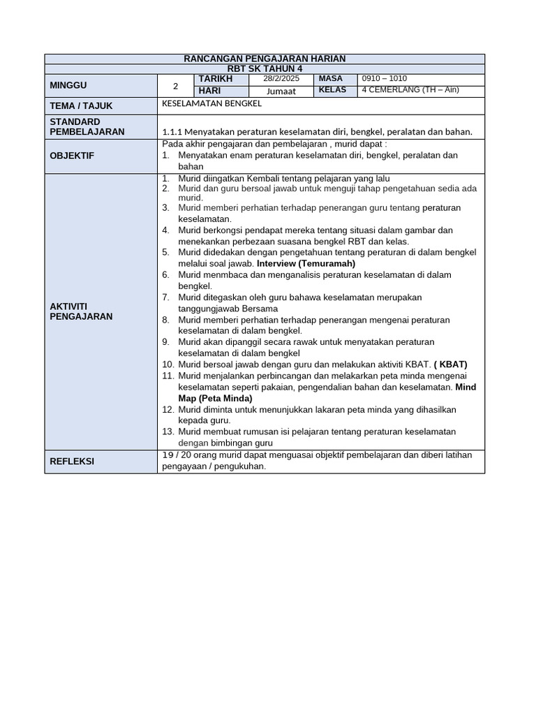 Minggu 2 - RPH RBT Tahun 4 | PDF