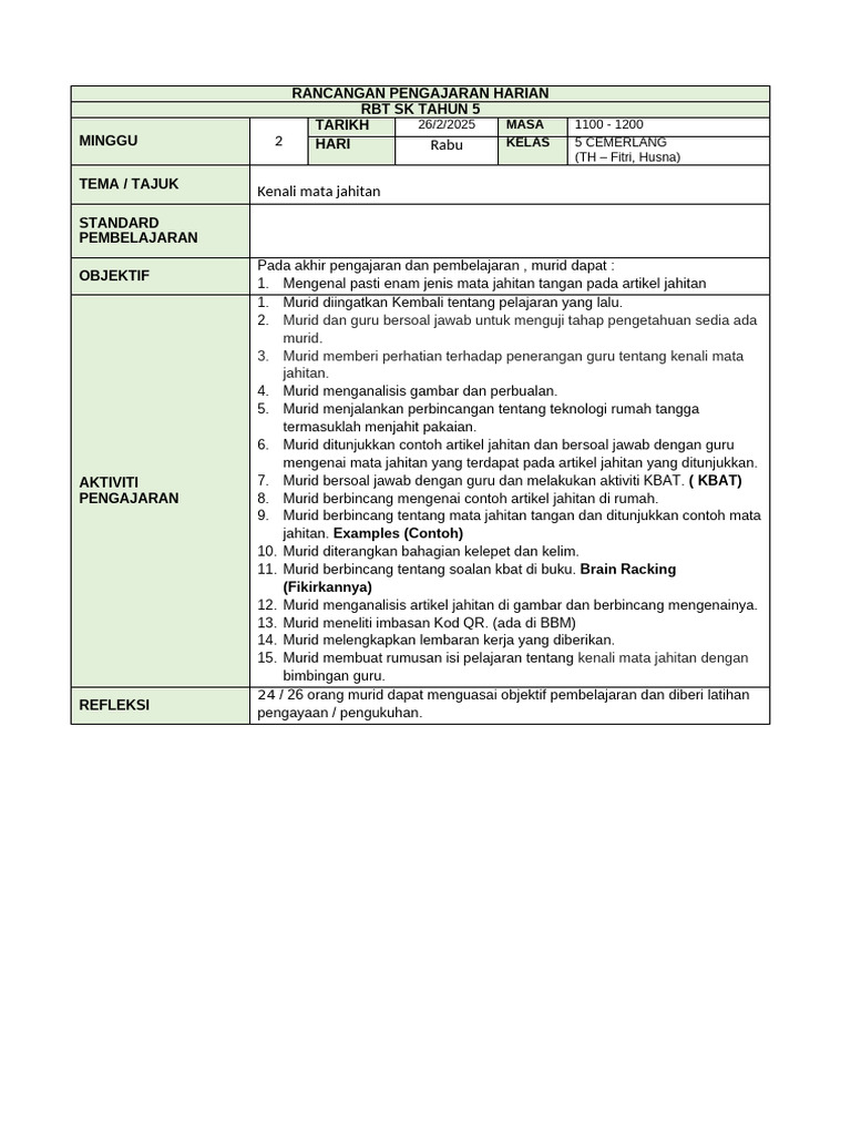 Minggu 2 - RPH RBT Tahun 5 | PDF