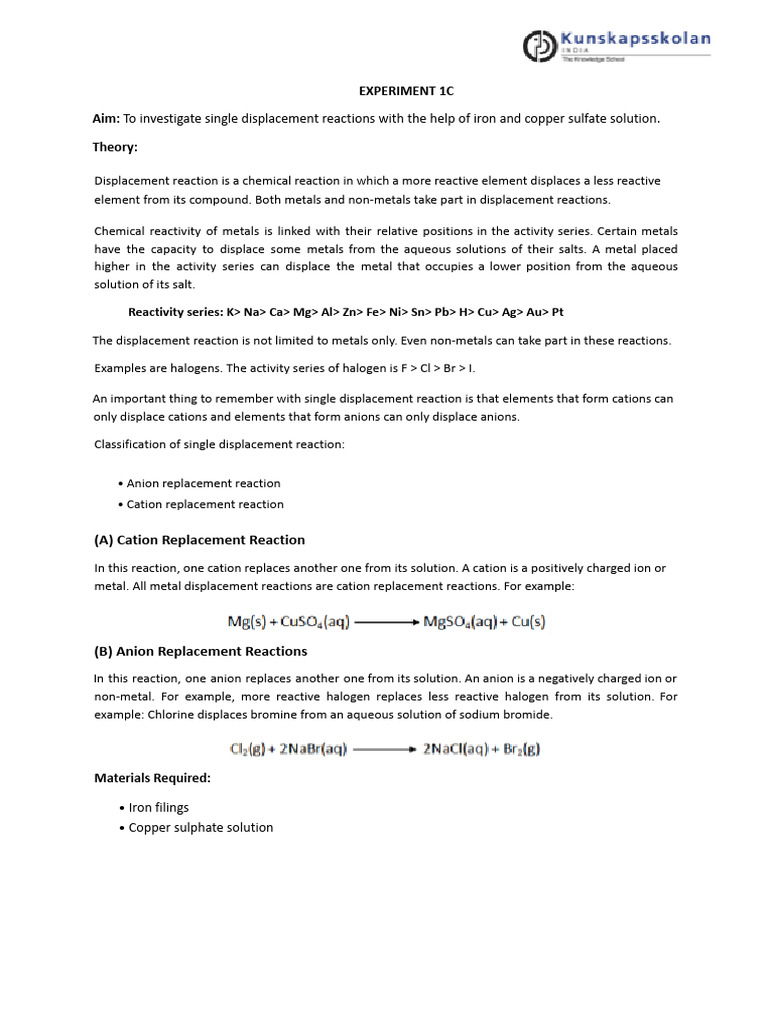 Investigating Displacement and Double Displacement Reactions | PDF ...