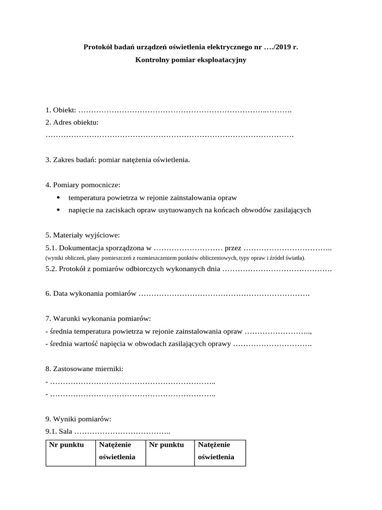 Przykladowy Protokol Badan Urzadzen Oswietlenia Elektrycznego | PDF
