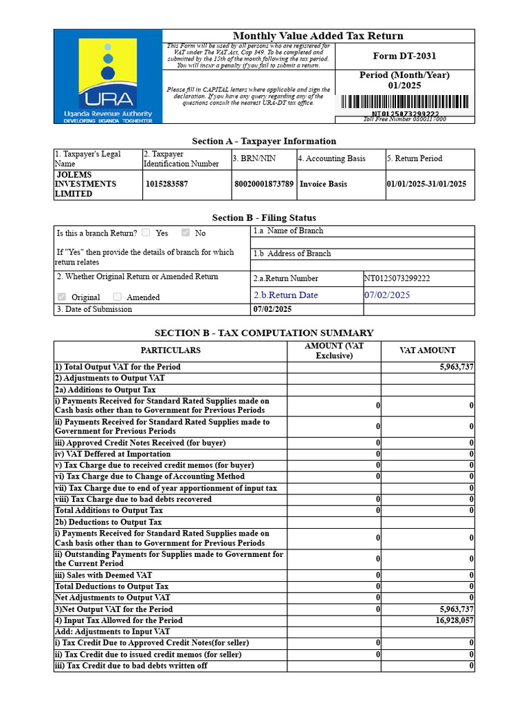 VAT Filled Return Form For The Month Ended 31, January 2025 | PDF ...
