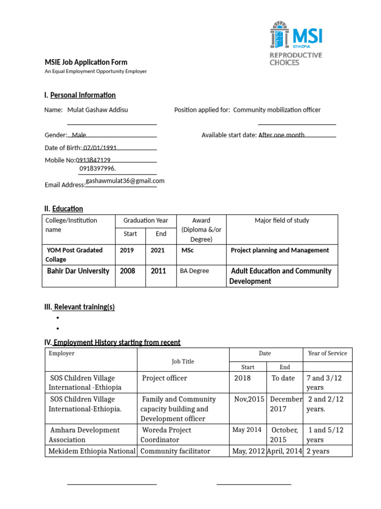 MSIE Job Application Form | PDF | Learning