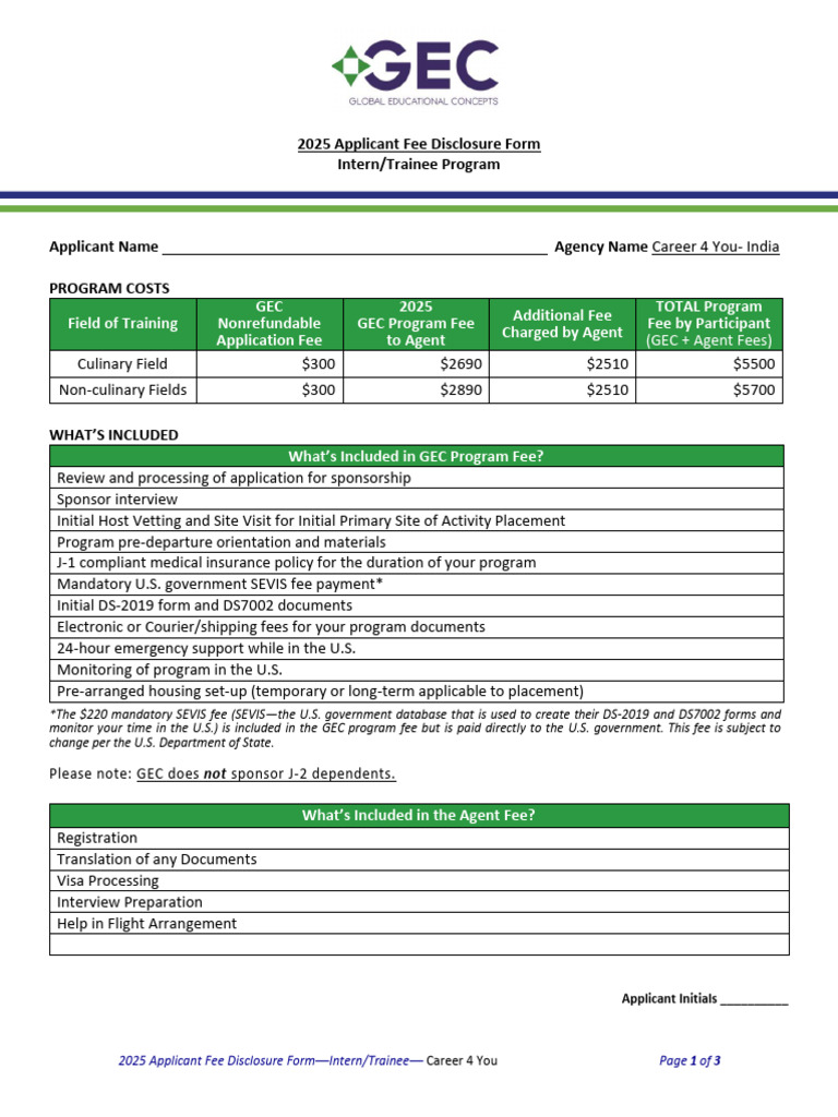 Program Fee Disclosure Form | PDF | Travel Visa | Fee