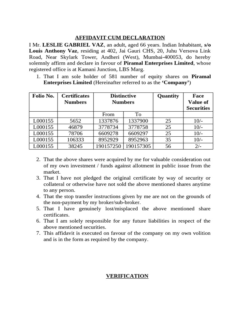 AFFIDAVIT CUM DECLARATION (Corrected) | PDF | Affidavit | Securities (Finance)