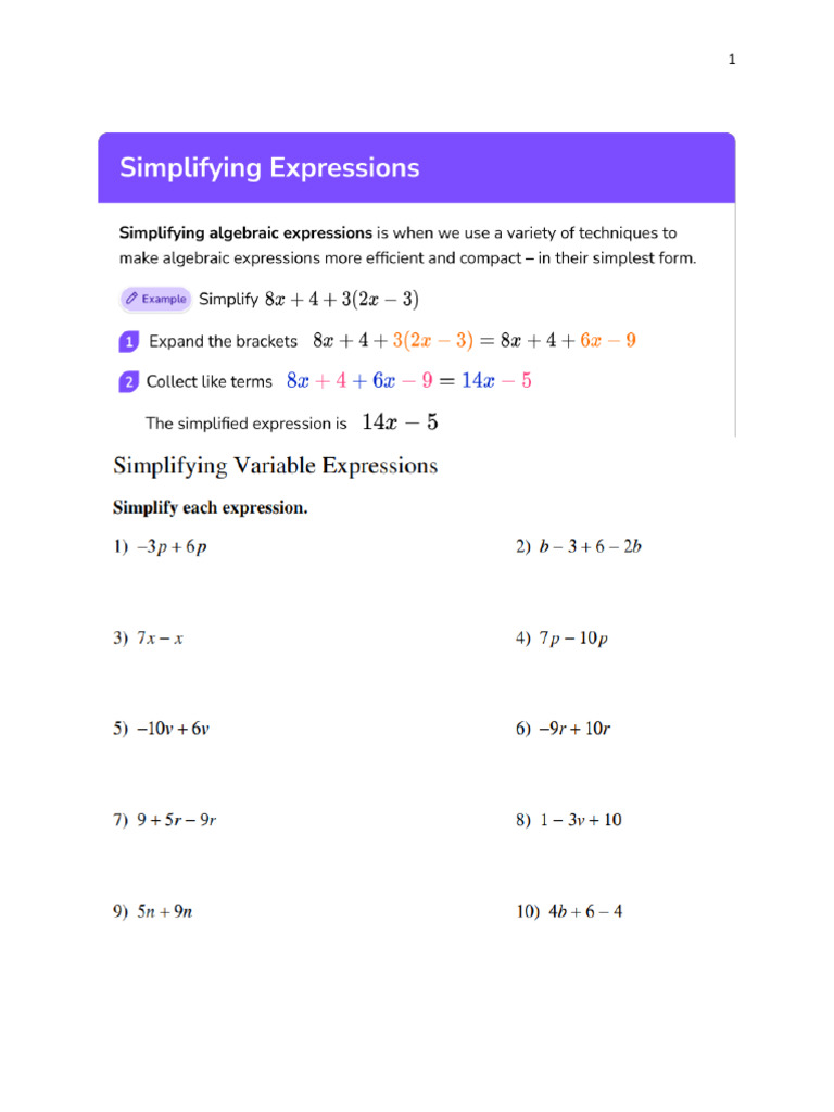 Simplifying Algebraic Expressions Worksheet | PDF