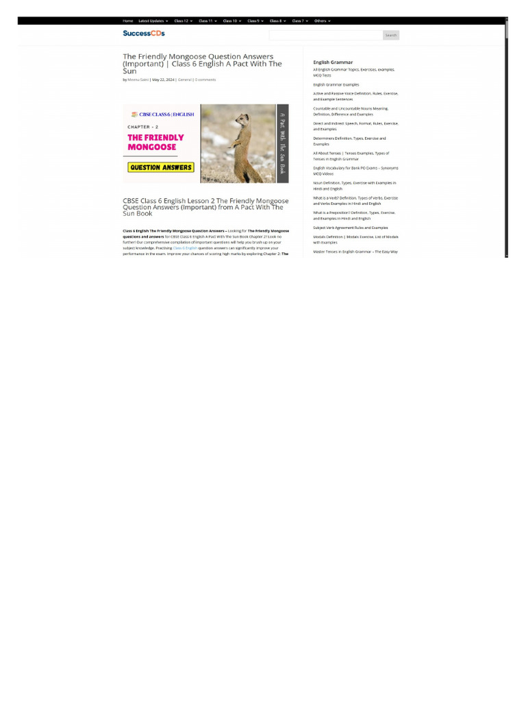 The Friendly Mongoose Question Answers Important Class 6 English A Pact With The Sun ...