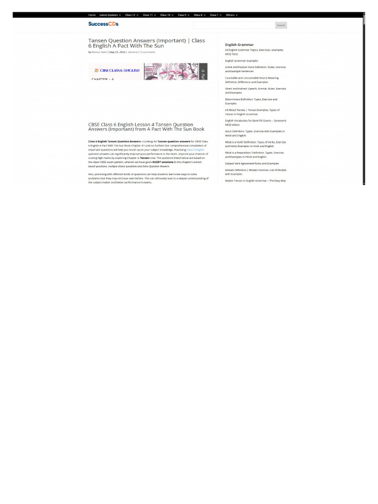 Tansen Question Answers Important Class 6 English A Pact With The Sun-Cvscreenshot | PDF