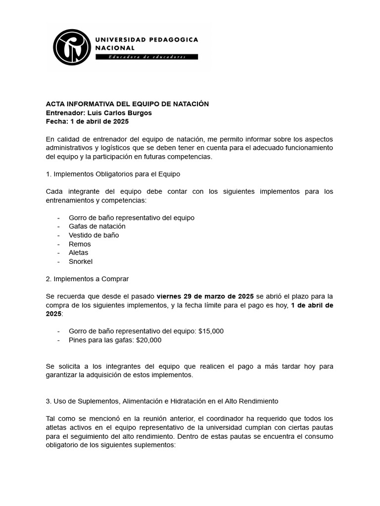 Acta 2025 - Equipo Representativo | PDF | Nutrición | Dieta y nutrición