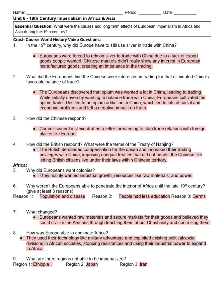Unit 6 - Imperialism in Africa & Asia Student Handout | PDF ...