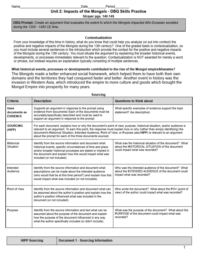 Unit 2 DBQ Practice - Impacts of The Mongols | PDF | Mongol Empire ...