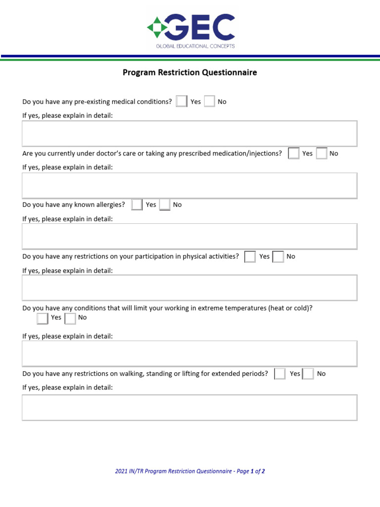 2021 Program Restriction Questionnaire | PDF