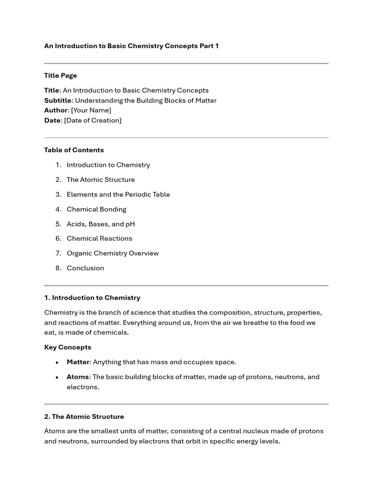 An Introduction To Basic Chemistry Concepts Part 1 | PDF