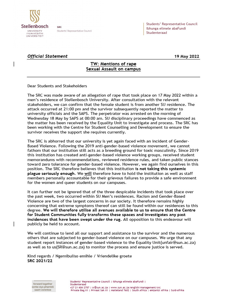 SRC Statement On Rape Incident | PDF | Violence Against Women | Rape