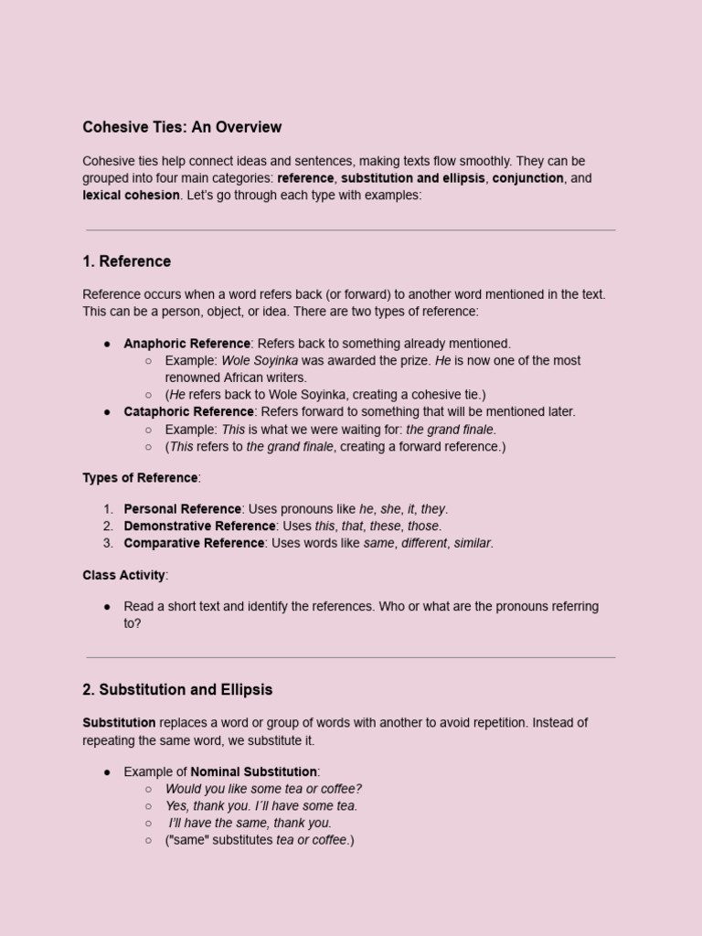 Cohesive Ties - An Overview | PDF | Word | Grammar