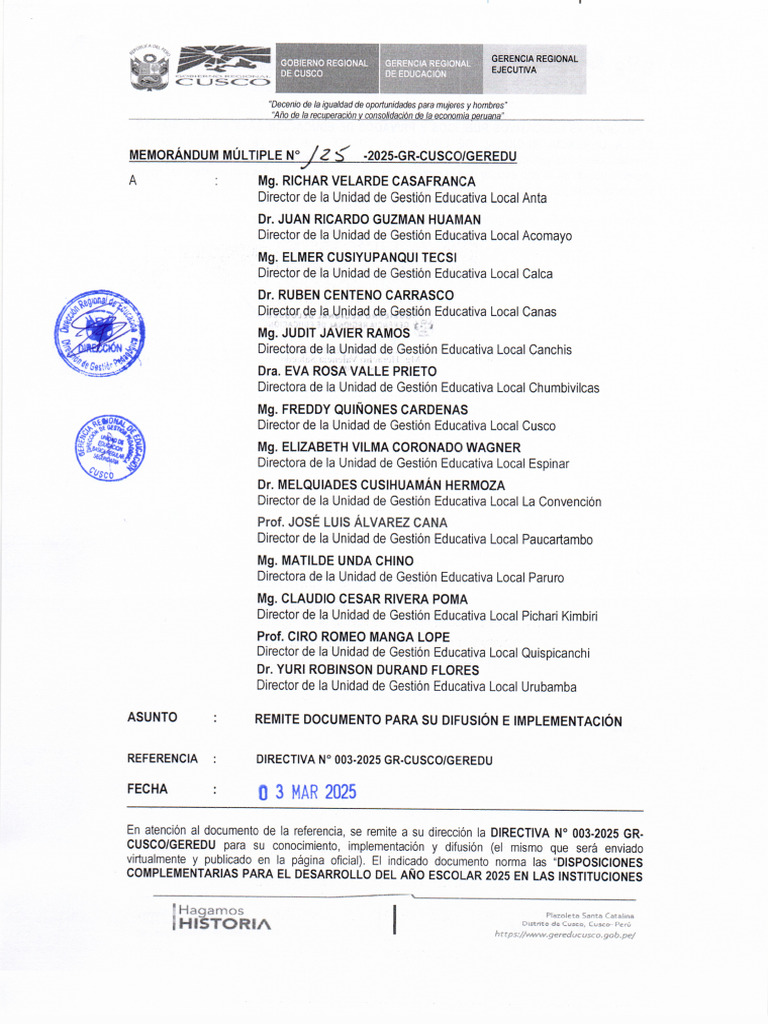 DIRECTIVA N° 003-2025 GR CUSCO GEREDU DISPOSICIONES COMPLEMENTARIAS A RM N° 556-2024 MINEDU | PDF